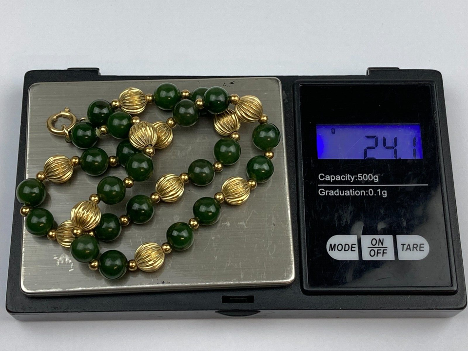 Jade Nephrite Bead Necklace 14" 1/20 12ct Gold Clasp & Gold ...