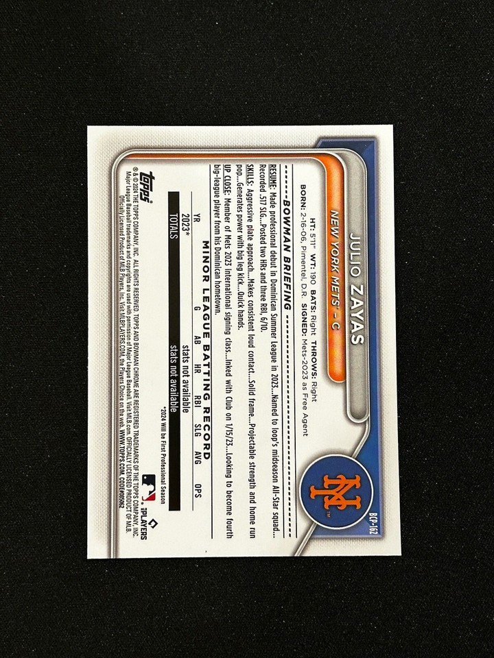 2024 Bowman Chrome Julio Zayas 1st Pink Shimmer Refractor /199 #BCP-162 ...