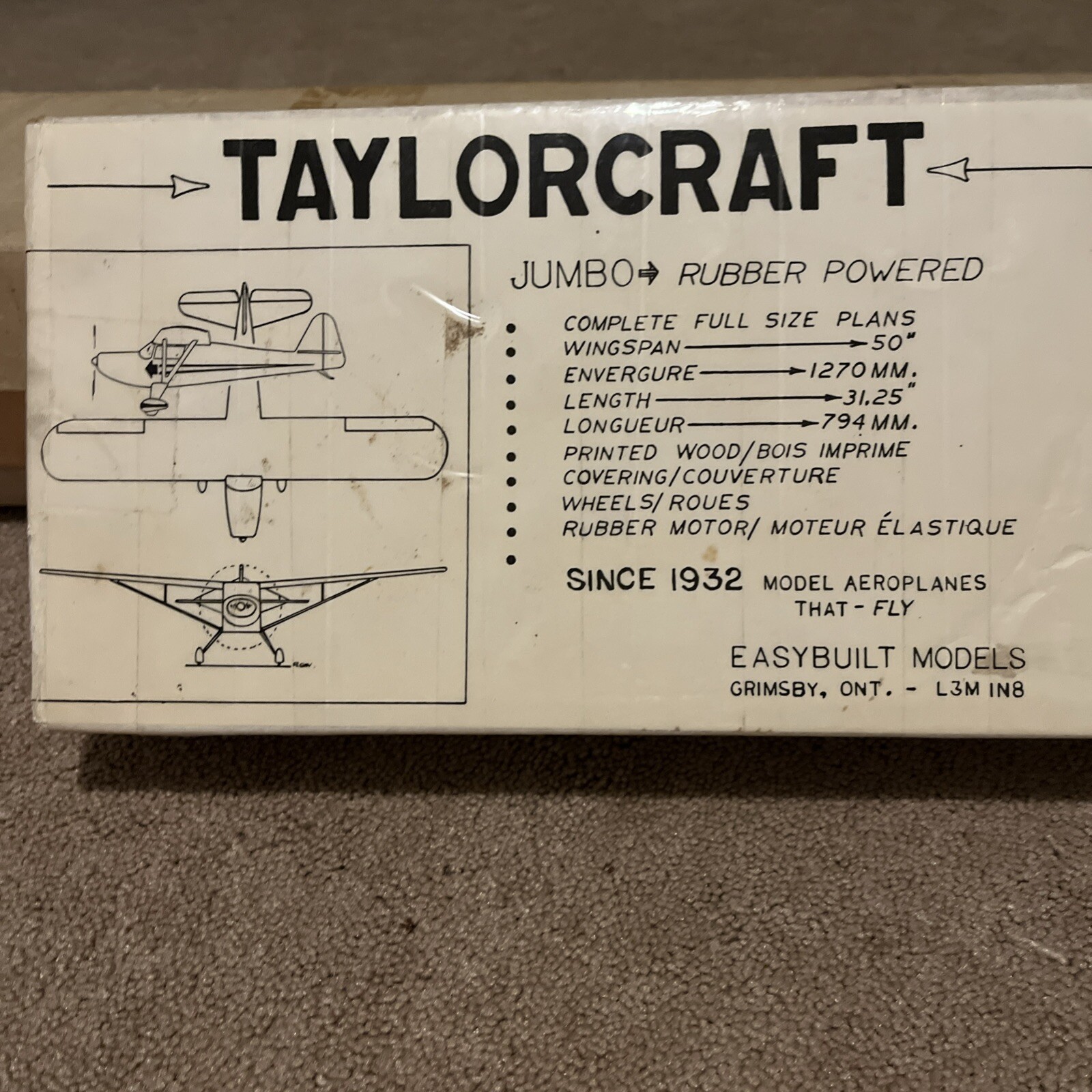 Easy Built Models Taylorcraft 50" Wingspan Model Airplane Unbuilt Kit ...