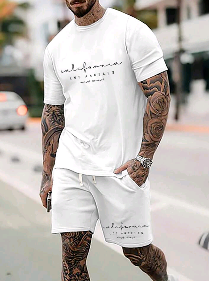Men's Set Men Letter Graphic Tee And Drawstring Waist Shorts Casual ...