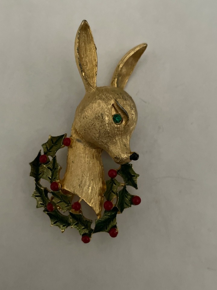 Vintage Deer Head Pin Brooch Enamel Rhinestone Green Eye Christmas ...