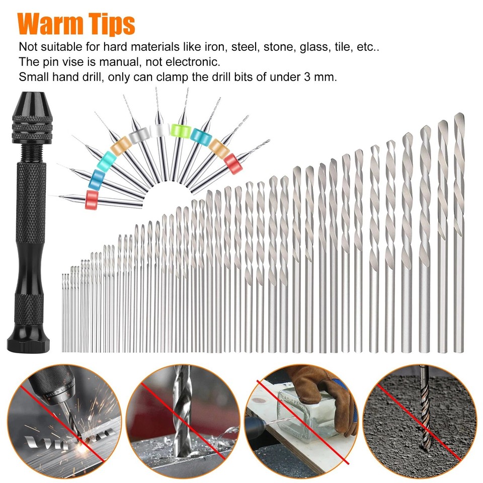 60Pcs Mini Micro Hand Drill Bits Set Small Manual Keyless Chuck Pin ...