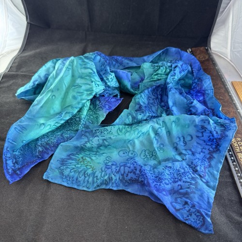 Signed Green Blue Yellow Silk Oblong Scarf 9.5x58" Salt Dyed Artist ...