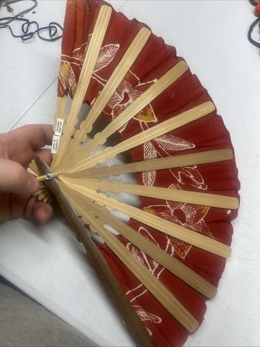 VTG Indonesian cloth hand fan floral design Wooden Handle | eBay