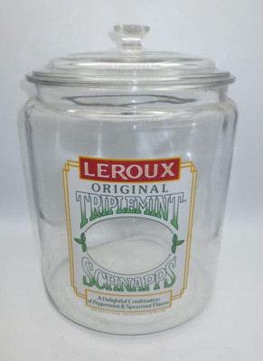 VINTAGE LEROUX ORIGINAL TRIPLEMINT SCHNAPPS GLASS CANISTER W/LID (EX.LG ...