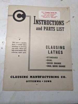 CLAUSING INSTRUCTION OPERATOR SERVICE MANUAL PARTS LIST LATHES MACHINE ...