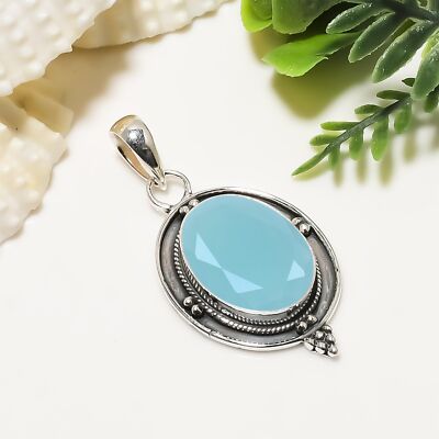 Aqua Chalcedony Gemstone 925 Sterling Silver Pendant, Boho Jewelry ...