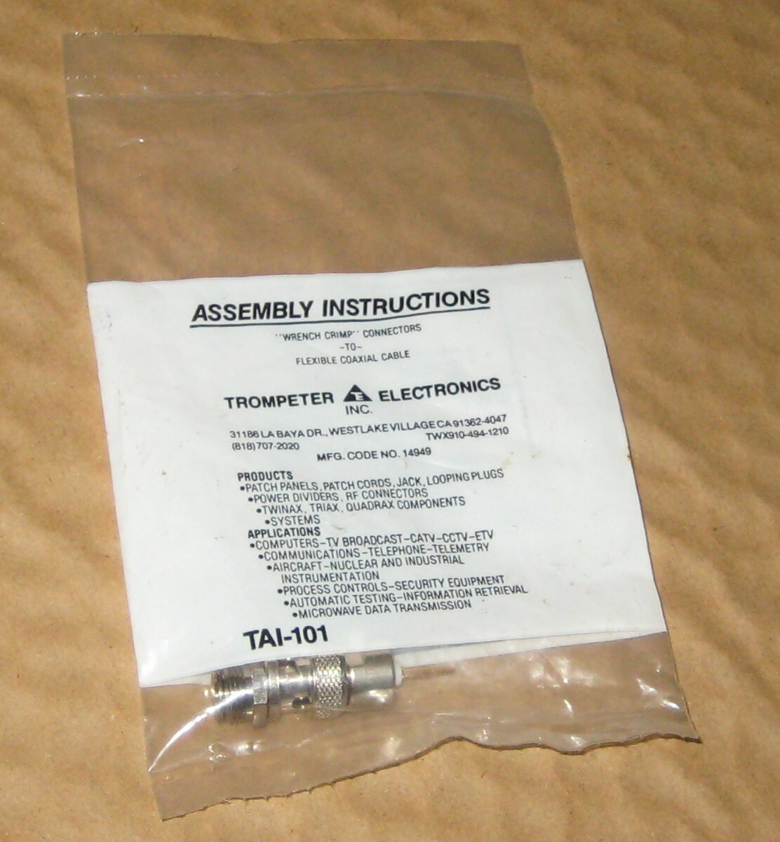 Trompeter Electronics Tai-101 Wrench Crimp Connectors to Coaxial Cable ...