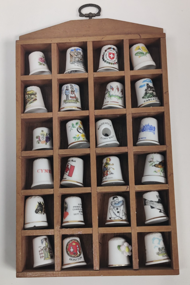 Pair Of Wood Wall-Mounted Thimble Stands With 48 Souvenir Porcelain ...