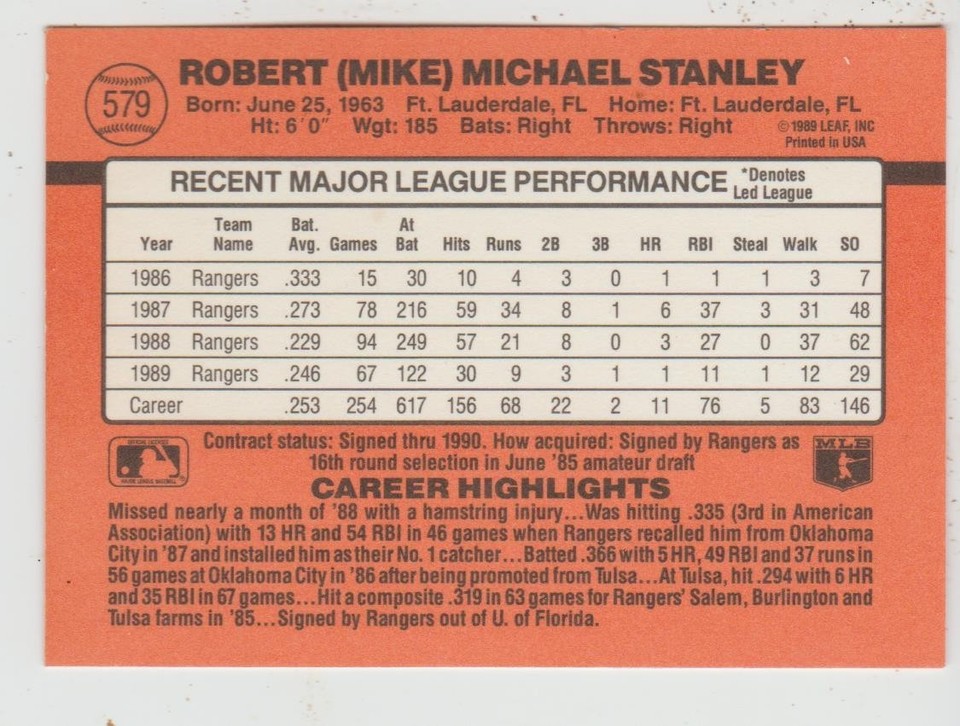 1990 Donruss Mike Stanley Texas Rangers #579 | eBay