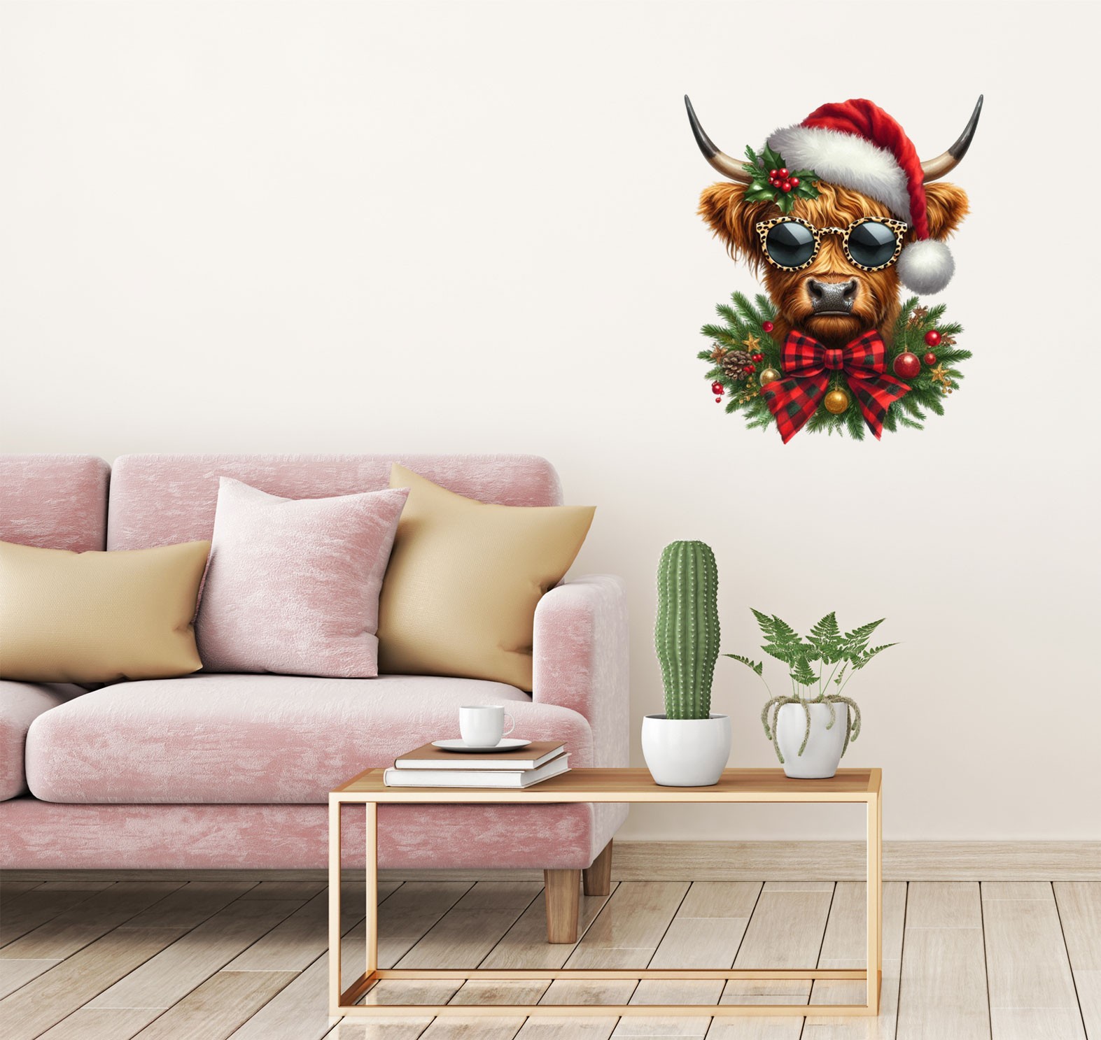 Funny Christmas Highland Cow Wall Art Bedroom Laptop Vinyl Sticker ...