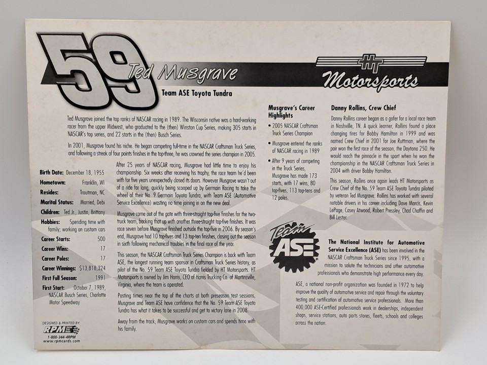 Ted Musgrave #59 Autographed Hero Card Team ASE Craftsman Truck Series ...