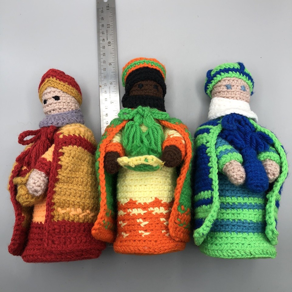 Vintage Handmade Crocheted Christmas Nativity Set Dolls Figures 11 ...