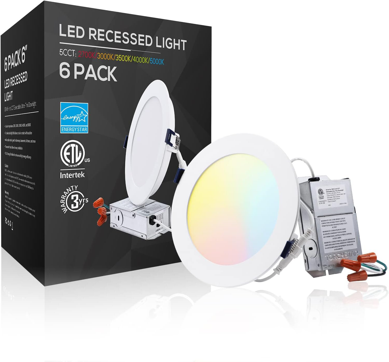 6-Pack 6 Inch LED Recessed Lighting with Junction Box, 2700K-5000K ...
