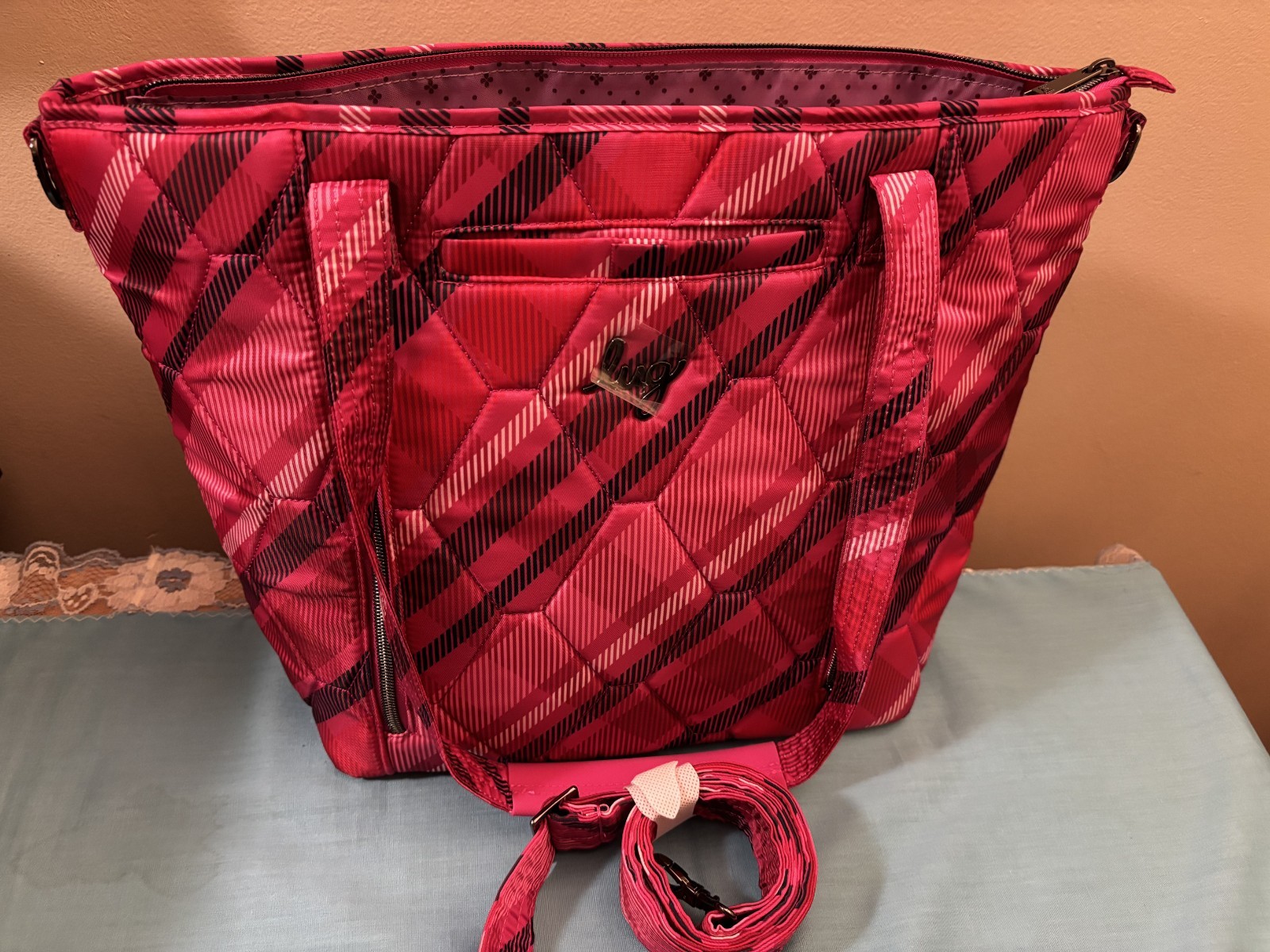 NEW Lug Rally Lg. Tote Bag w/ Crossbody & Shoulder Strap Berry Plaid 16 ...