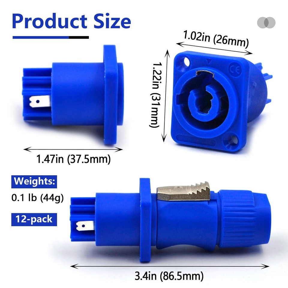 3 PIN AC Powercon Connector, 12 Pack, Blue, Male Plug, Input, Stage ...