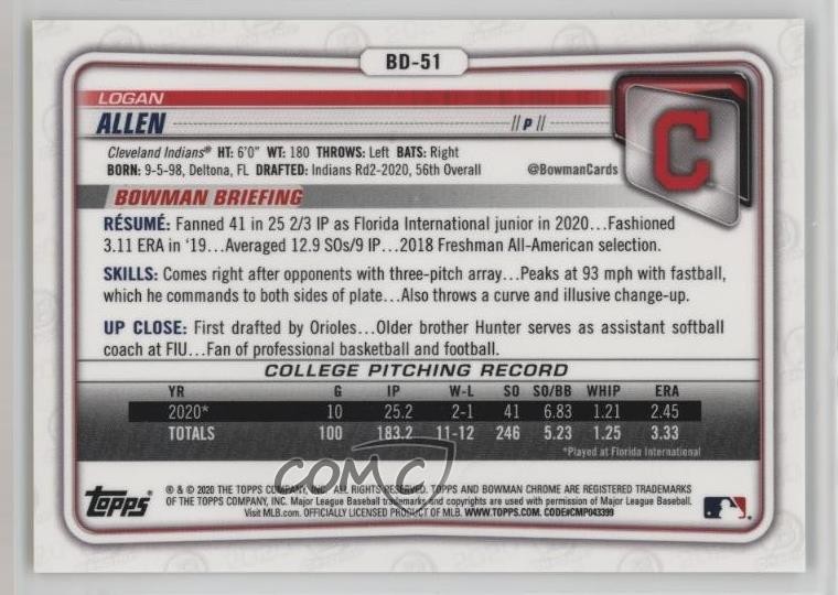 2020 Bowman Chrome Draft Sapphire Yellow 17/99 Logan Allen #BD-51 1d0h ...