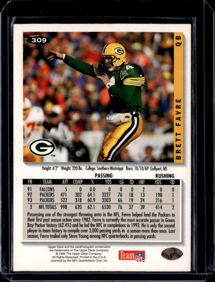 1994 UD Collector's Choice #309 Brett Favre Silver Parallel Packers NR ...