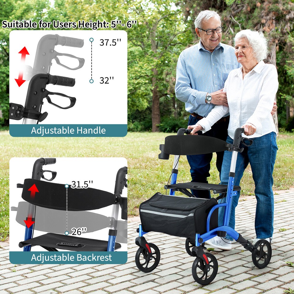 Compact Blue Rollator Walker for Seniors - Easy Folding Aid with Seat ...