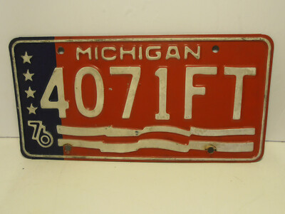 1976 Michigan License Plate 4071FT White on Red Bicentennial Expired 12 ...