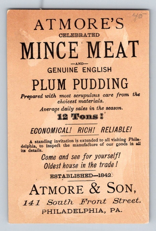 Atmores Mince Meat English Plum Pudding Baker Chef Pie Philadelphia ...