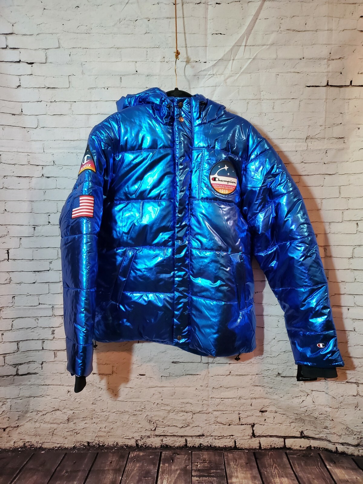 RARE Champion x NASA Metallic Puffer Jacket Mens Size L Blue Quilted ...