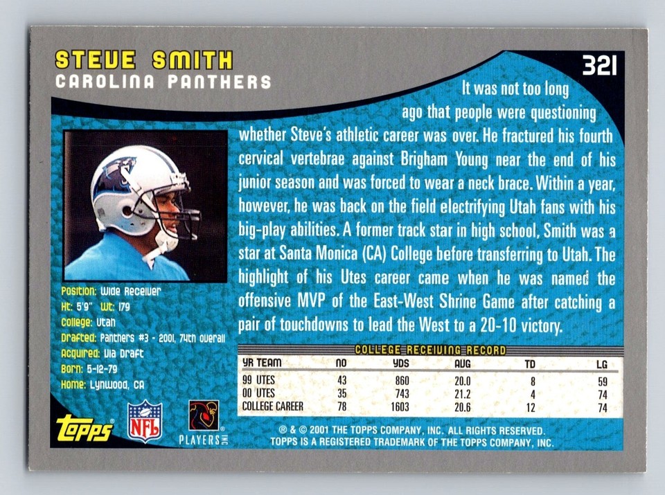 STEVE SMITH 2001 TOPPS ROOKIE CARD #321 CAROLINA PANTHERS | eBay