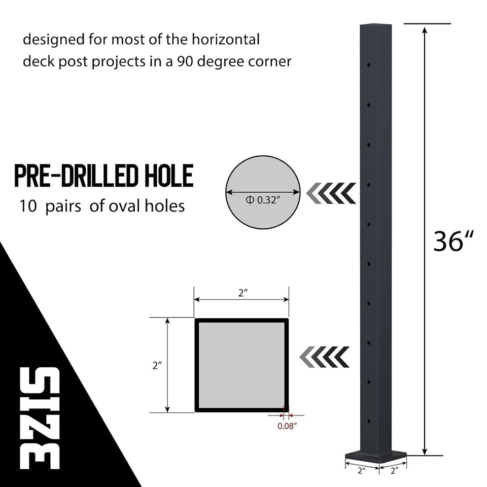 36"x2"x2" Cable Railing Post Steel Square Intermediate Post W/Pre ...
