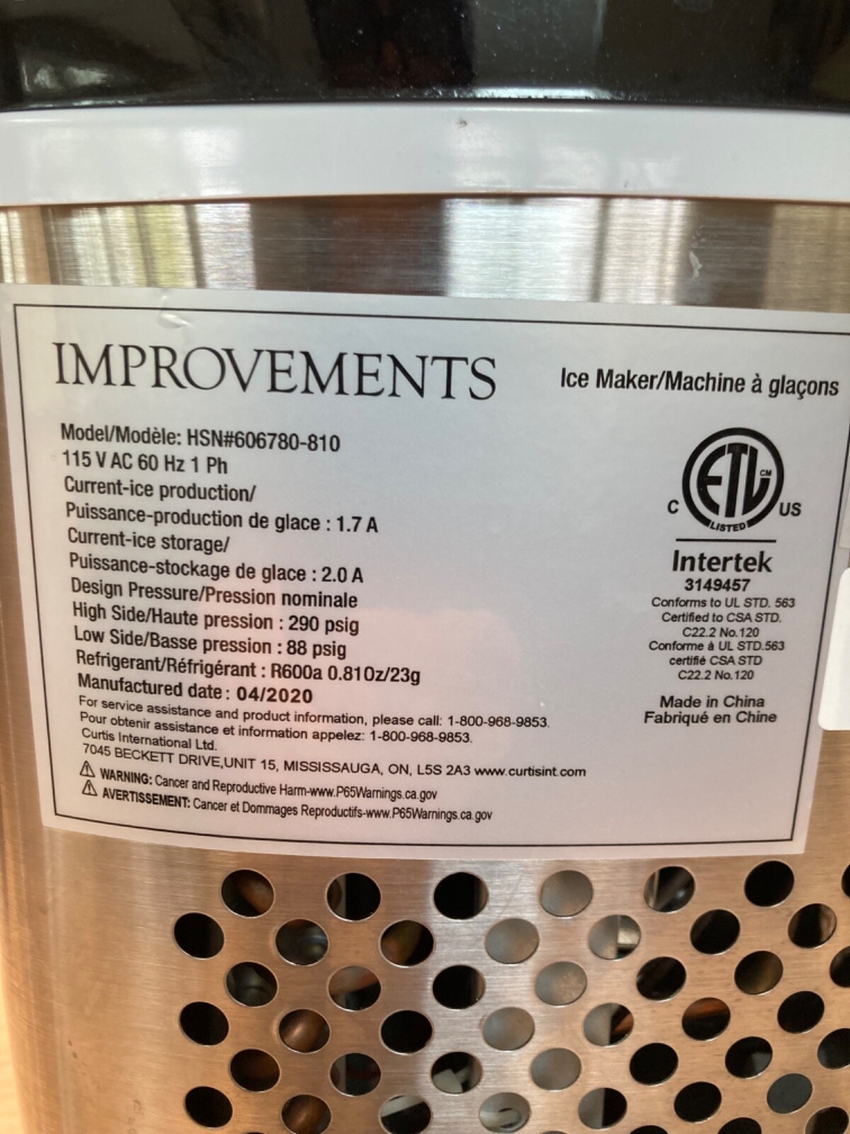 Improvements Ice Maker Intertek Model HSN#606780-810 | eBay