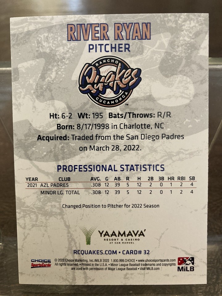 2022 Choice River Ryan Rookie Rancho Cucamonga Quakes Team Card #32 ...