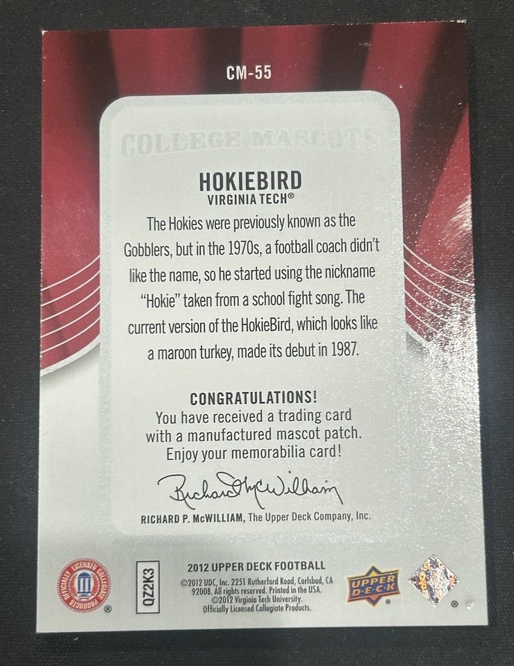 Hokiebird 2012 Upper Deck College Mascots Patch CM-55 🔥 Virginia Tech ...