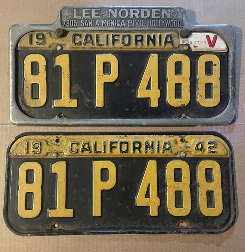 1941 CALIFORNIA LICENSE PLATE PAIR 1942 TABS V TAB WITH HOLLYWOOD FRAME ...