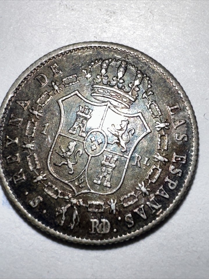 1851 SPAIN Queen ISABELLA II Antique Silver 2 Reales Spanish Coin Toned ...