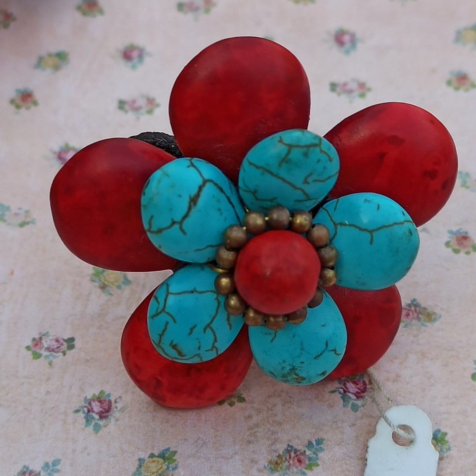 Massive Chunky Ring 3d Flower Cluster Turquoise & Red Gemstone Natural ...