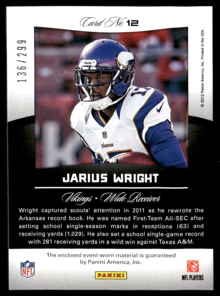 2012 Panini Certified #12 Jarius Wright Certified Skills Materials #/299 Jersey | eBay