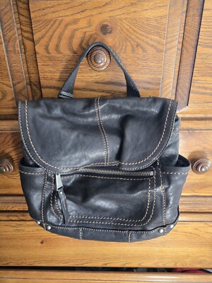 Fossil Backpack Black Leather Handbag Small Vintage Key Fob Brass ...