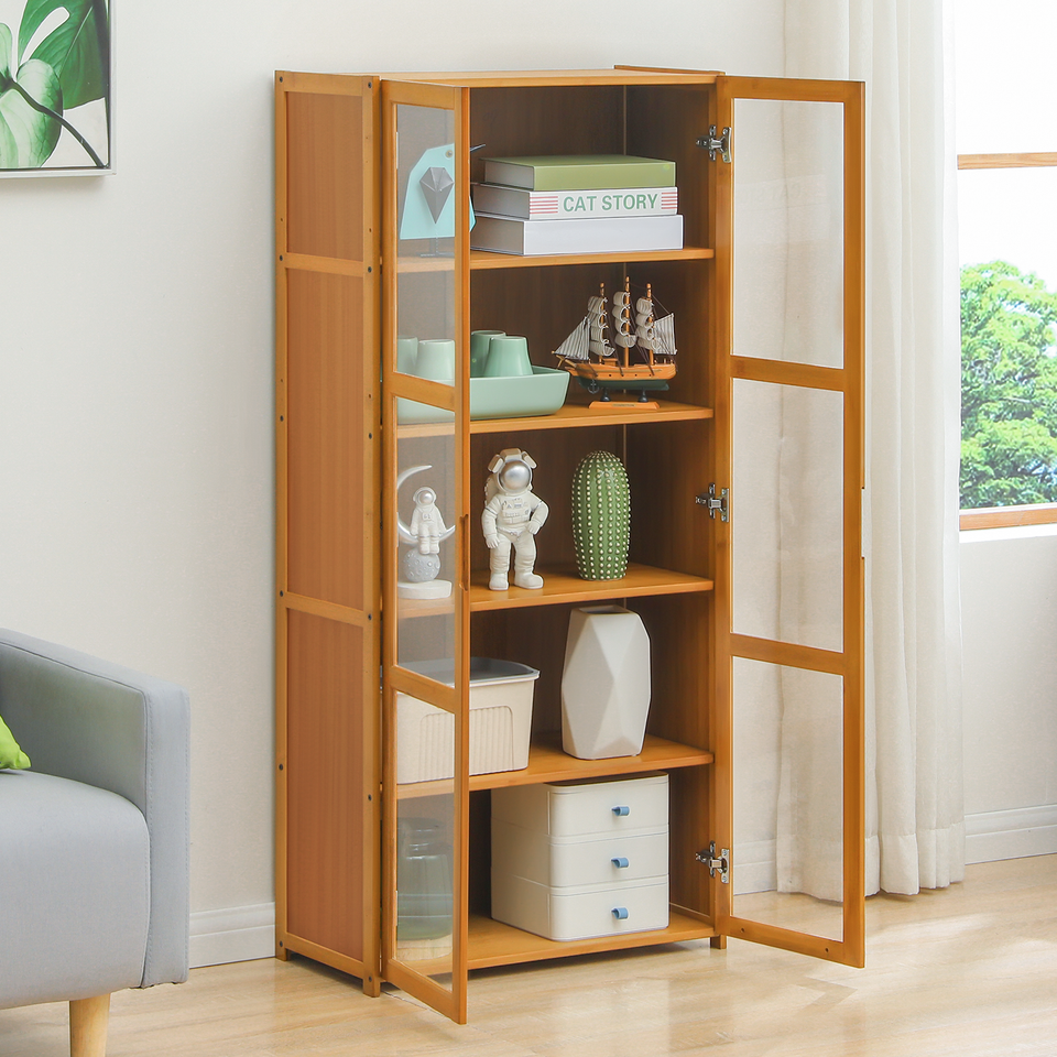 24" Bamboo 5-Tier Dual[ACRYLIC DOORS]Book Storage Shelf Enclosed ...