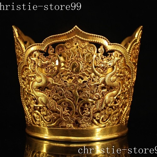 5.6"Ancient China dynasty bronze 24k gold Gilt dragon statue crown hat ...