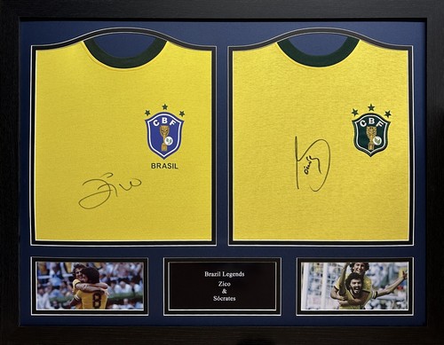 FRAMED WORLD CUP LEGENDS SOCRATES & ZICO SIGNED BRAZIL SHIRTS WITH ...