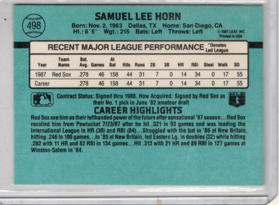1988 Donruss Sam Horn #498 Boston Red Sox Baseball Card | eBay