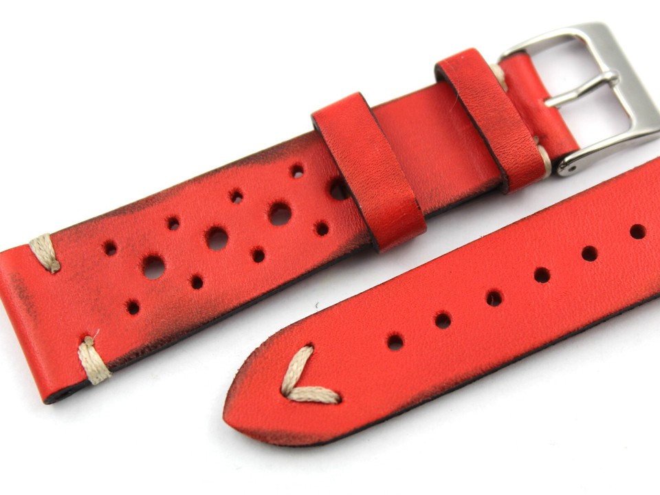 Watch Strap Racing Real Leather Red 20/16mm Quality Replacement Steel ...