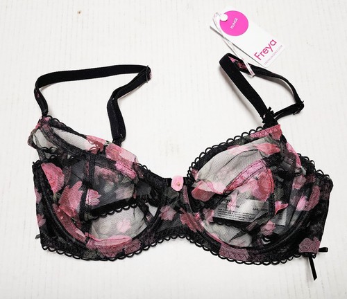 Freya Rose Blossom Bra Black Size 28G Underwired Plunge Balcony Sheer ...