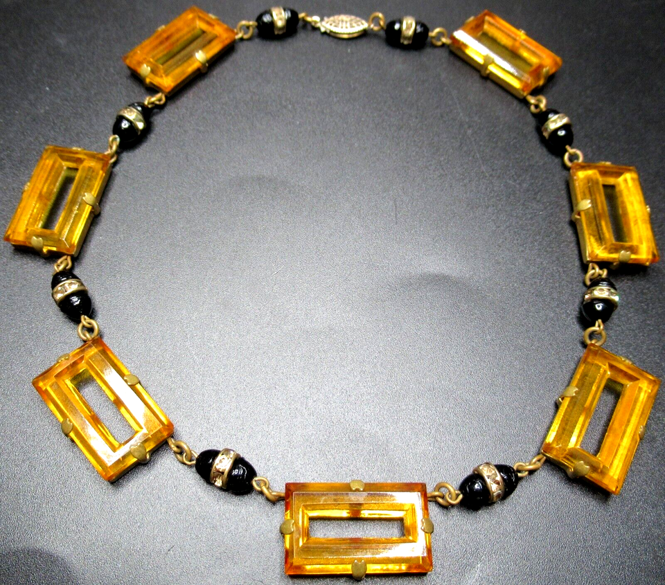 Art Deco Amazing Open Work Amber Glass Rectangular Antique Necklace | eBay
