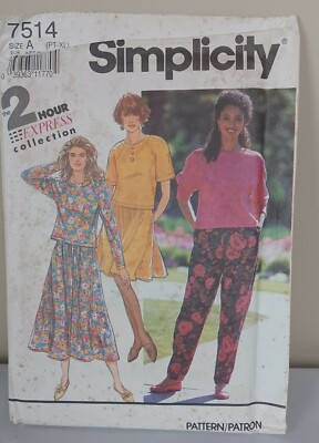 1991 Simplicity Sewing Pattern 7514 Misses PT-XL Skirt Pants Top UNCUT ...