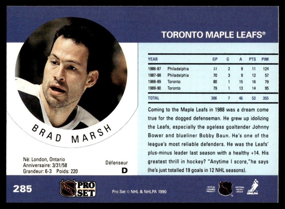 1990-91 Pro Set #285 Brad Marsh Toronto Maple Leafs | eBay