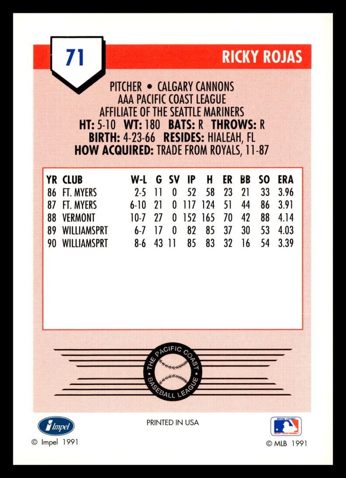1991 Line Drive AAA #71 Ricky Rojas Calgary Cannons Baseball Card | eBay