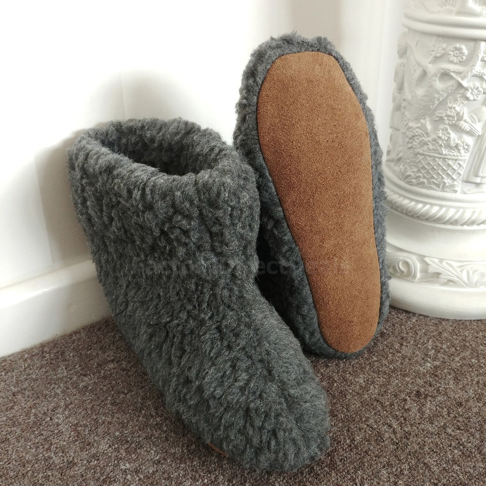 Merino's Grey Sheep Wool Boots Slippers Sheepskin Real Suede Sole ...