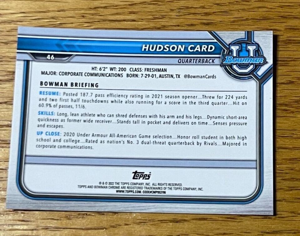 HUDSON CARD 2021-22 Bowman University #46 1st Chrome Pink Refractor | eBay