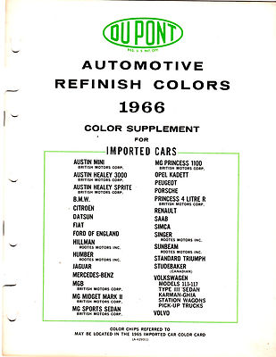 1966 DUPONT IMPORTED CAR COLOR REFERENCE SUPPLEMENT GUIDE CHART ...