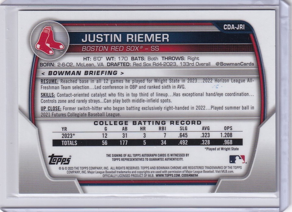 Justin Riemer 2023 Bowman Chrome Draft 1st Auto Boston Red Sox $1.50 ...